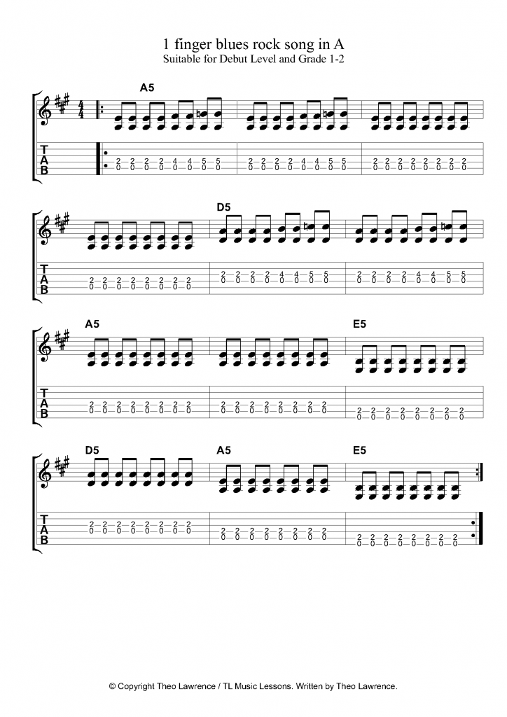 1 finger blues rock exercise in A with fret variations around the power ...