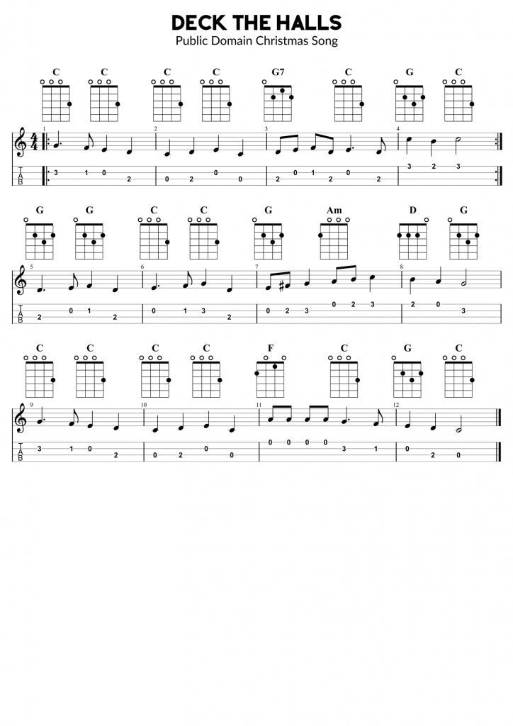 Deck The Halls – Guitar, Ukulele and Bass Melody and Chords Sheet Music ...