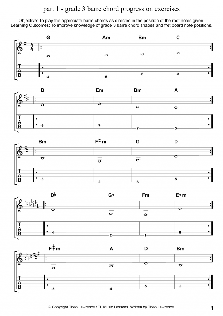 Part 1 – Grade 3 Barre Chord Progression Exercises – Learn Guitar For Free